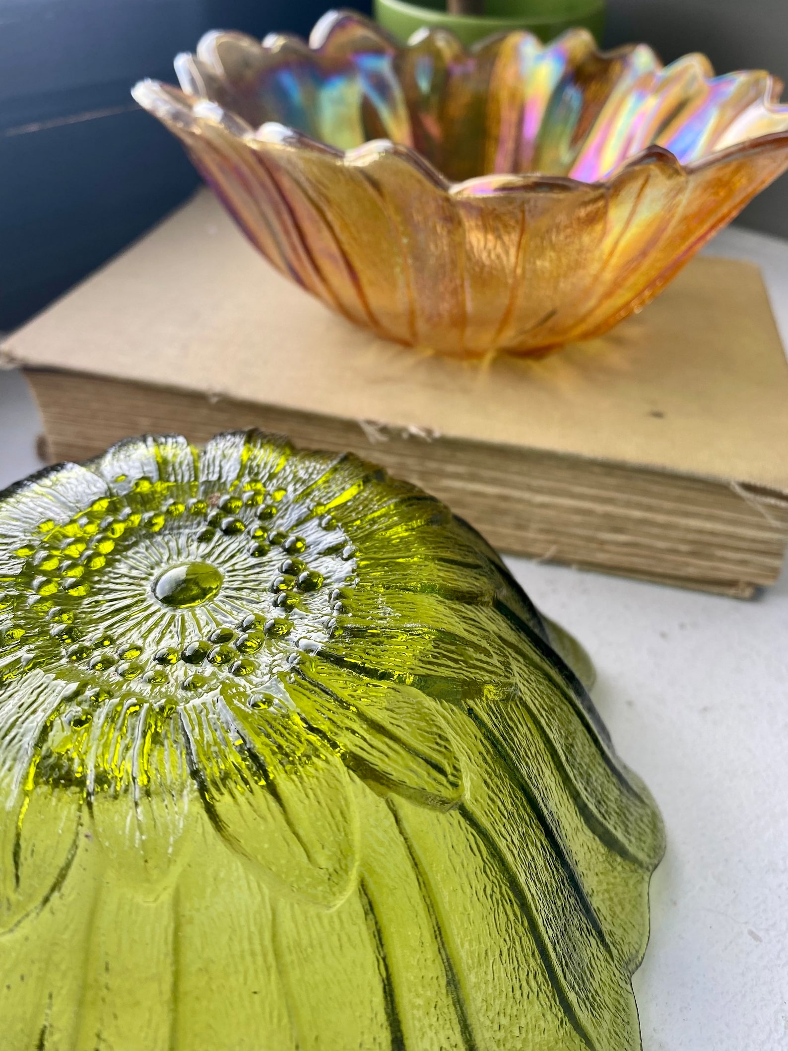 Vintage Marigold Carnival Glass Sunflower Candy Dish, Vintage Avocado ...