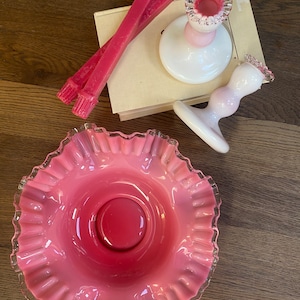 Fenton Peach Crest Ruffle Bowl/pair of Candlestick Holders, 1940s ...