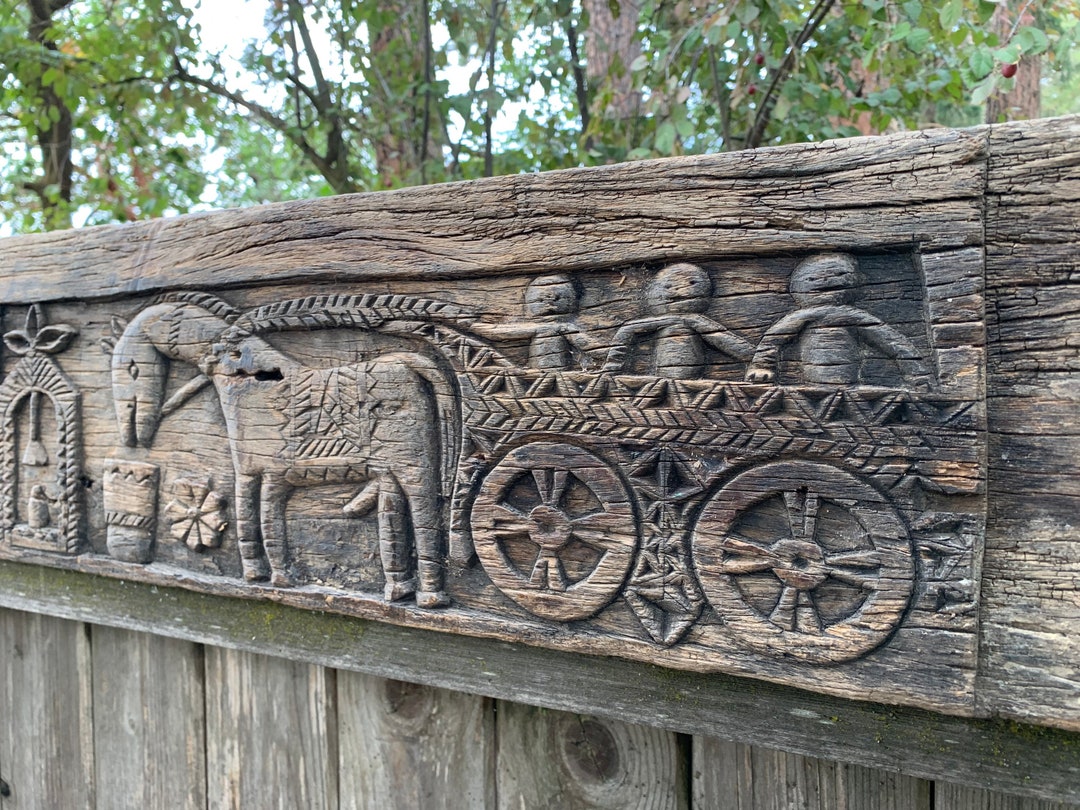 Wooden Hand Carved Elephant & Horses Cart Figure Wall Hindu Panel Rare ...