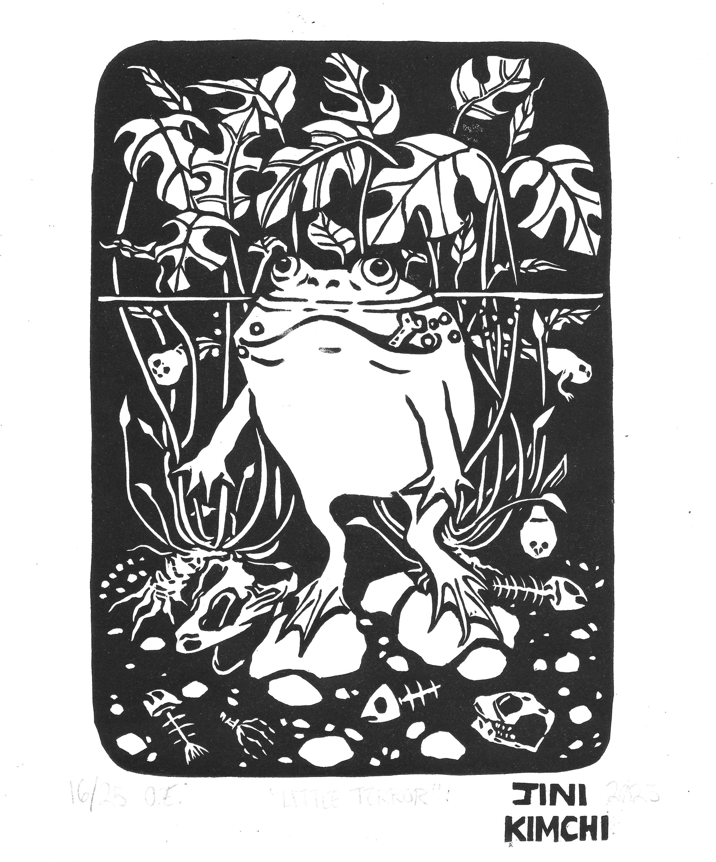 Little Terror Linocut Print | Frog Print | Budgett's Frog | Budgie Frog | Greenery | Frog Art ...