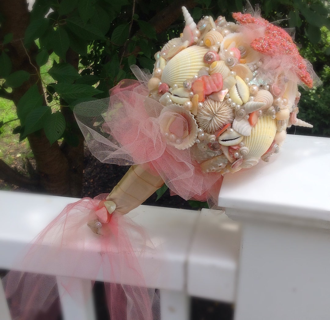 Beach Wedding, Sea Shell Bouquet Salmon Pink, Starfish Bouquet ...