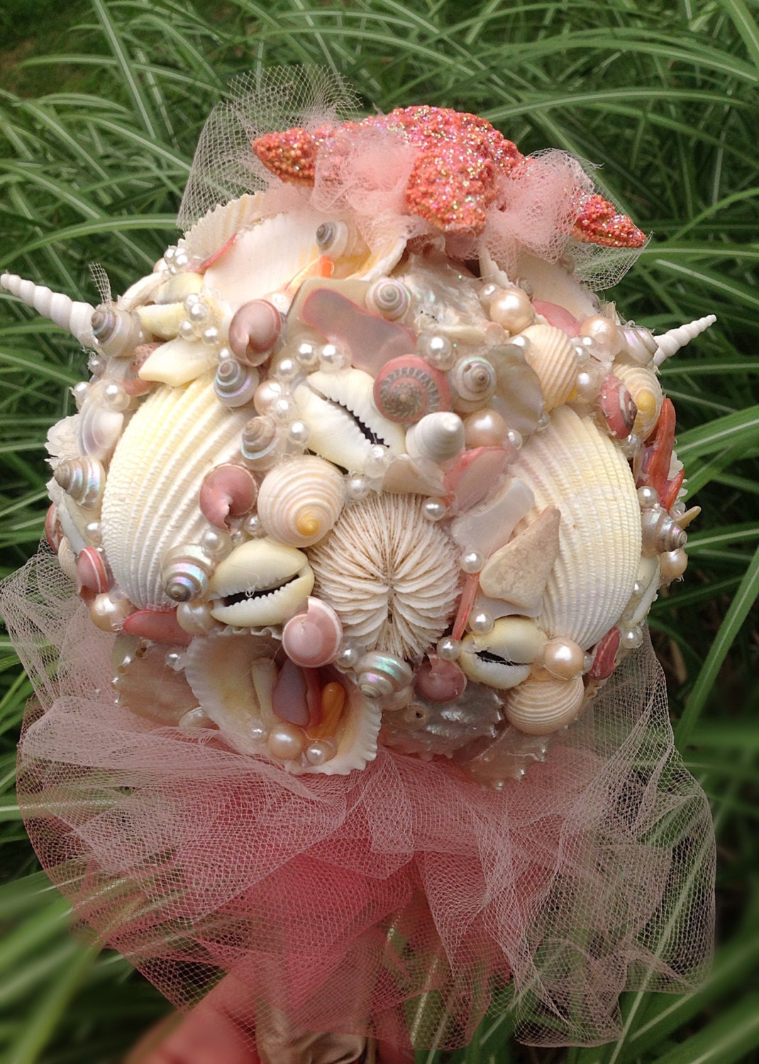 Beach Wedding, Sea Shell Bouquet Salmon Pink, Starfish Bouquet ...