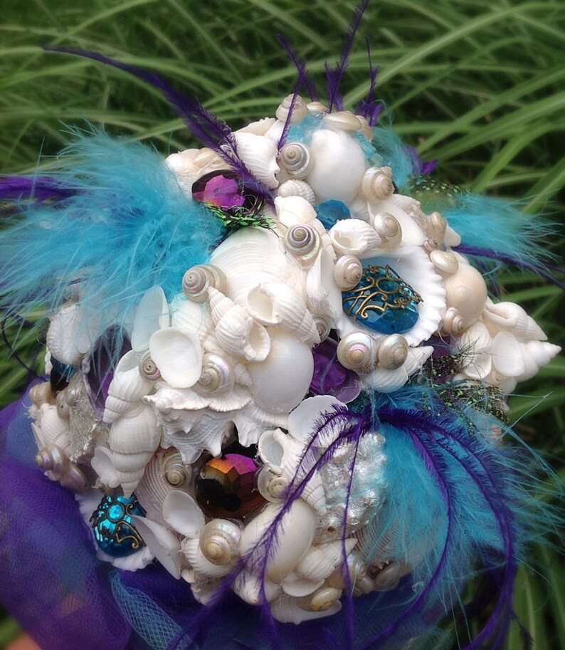 Sea Shell Bouquet, Feather Bouquet, Mardi Gras Wedding, Jeweled Bouquet ...