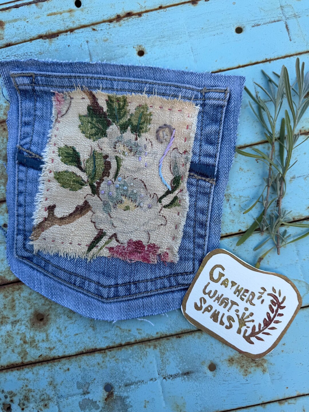 Hand Stitched Denim Pocket Patch With Vintage Barkcloth Floral Fabric ...