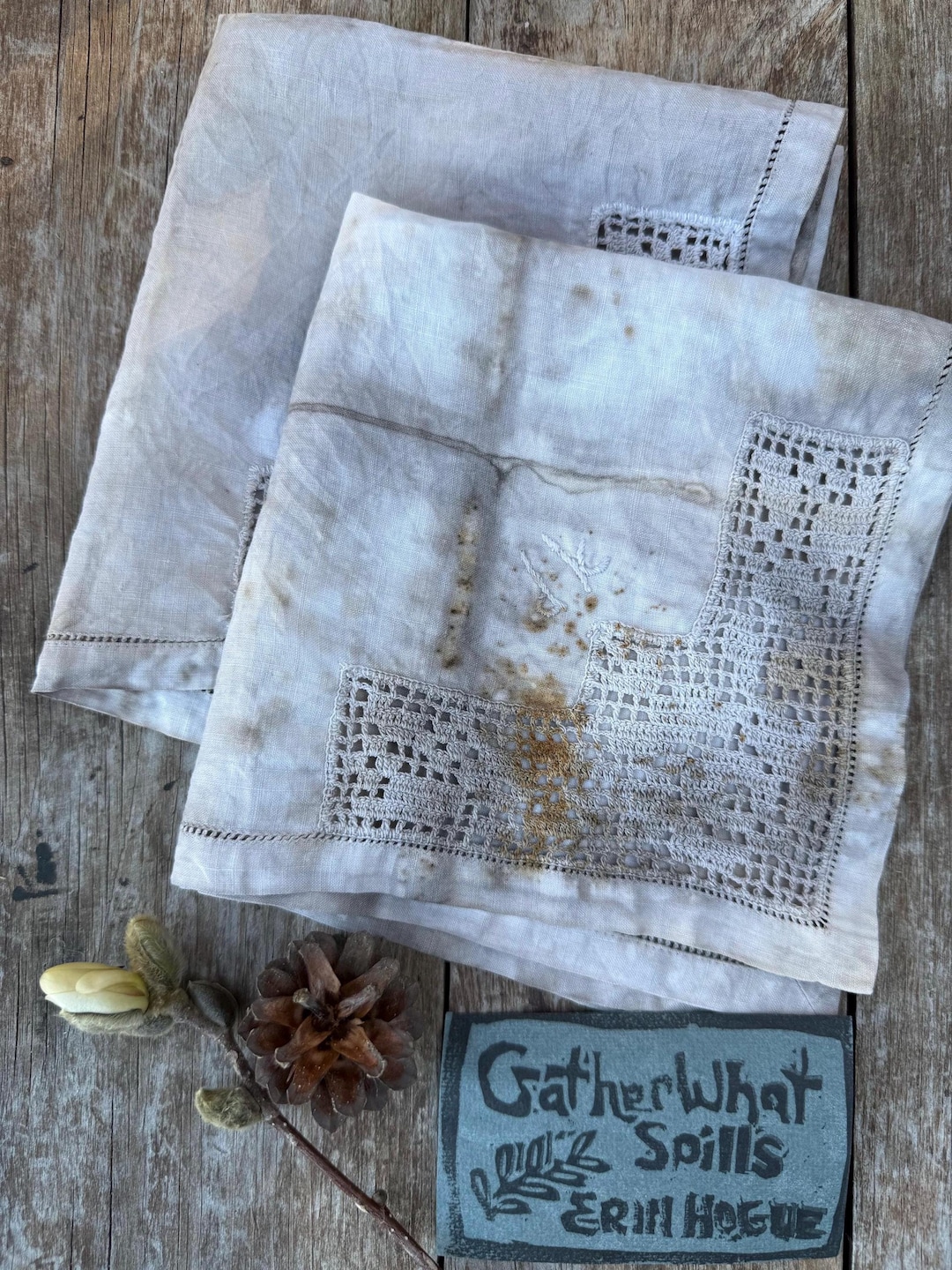 Vintage Rust Printed Linen Napkin Set With Lace Trim Details ...