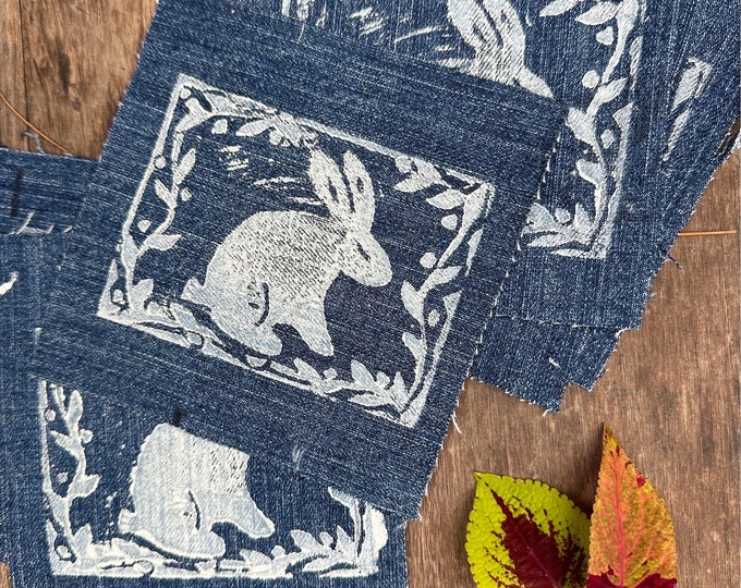Hand Carved Wild Hare Stamp Printed on Denim - Lino Cut Rabbit & Leaves ...
