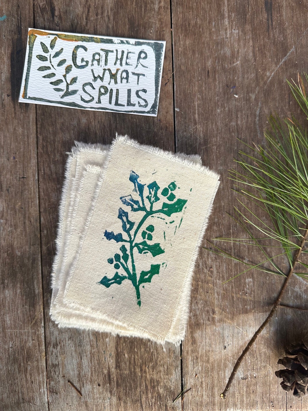 Hand Carved Ivy and Berries Stamp Printed on Canvas - Tie Dye Leaf ...