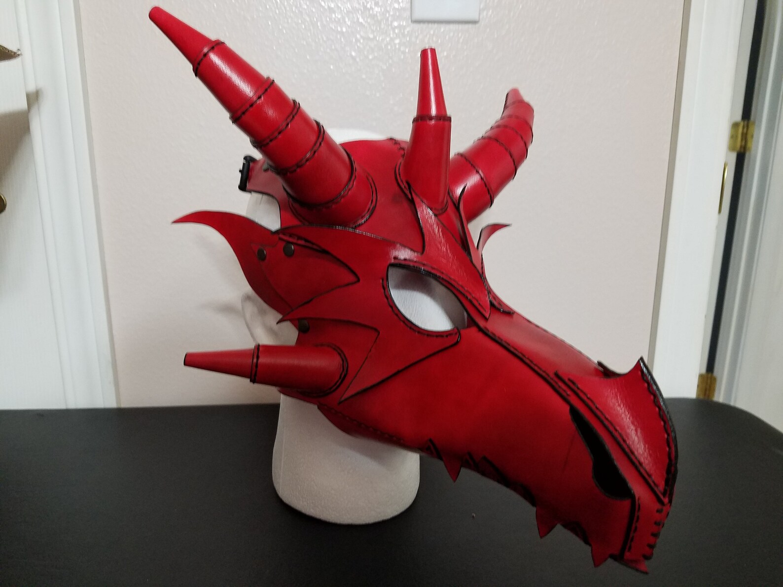 Leather Red Dragon Mask Red With Black Stiching Handmade | Etsy