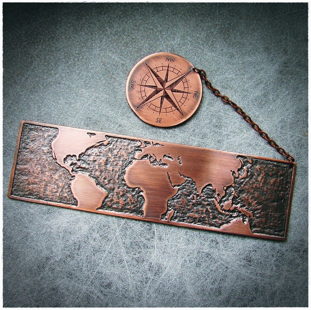 Bookmark World Map, Personalized Travelers Bookmark, Compass Bookmark ...