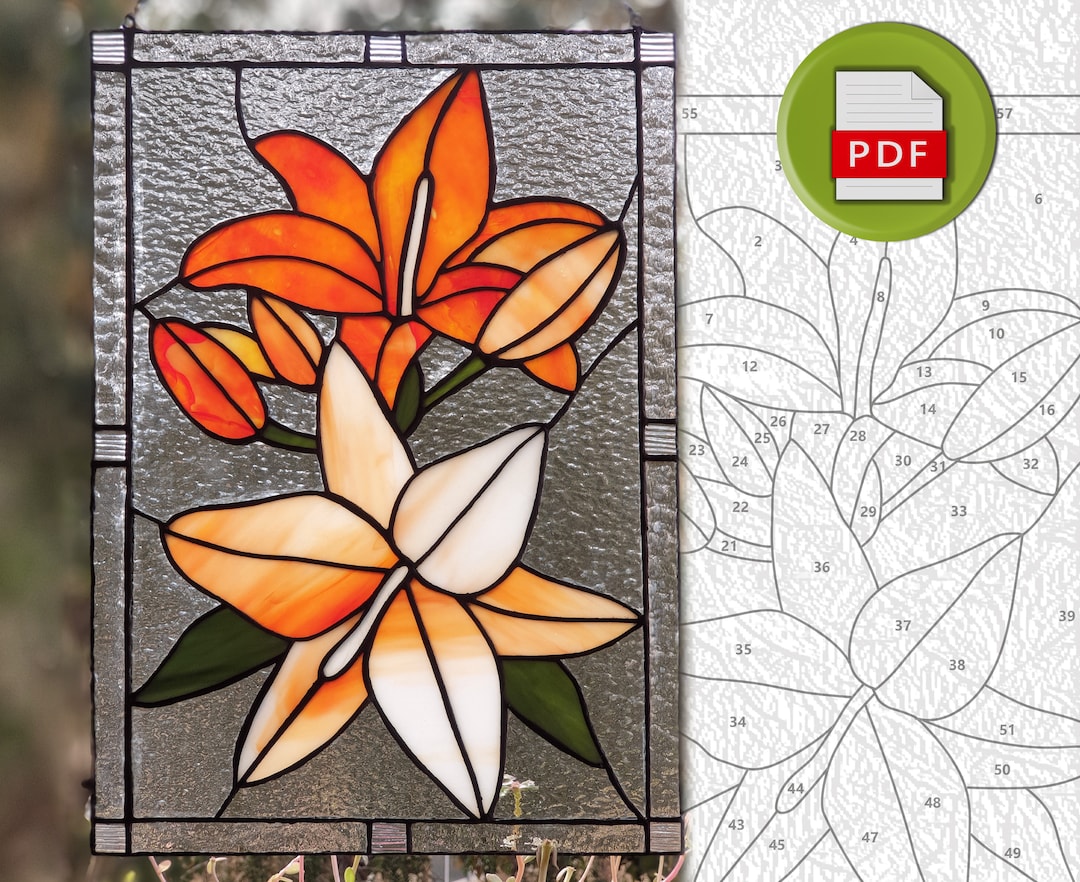 Classic Pink Lily Flower Stained Glass Panel Pattern Digital PDF File ...