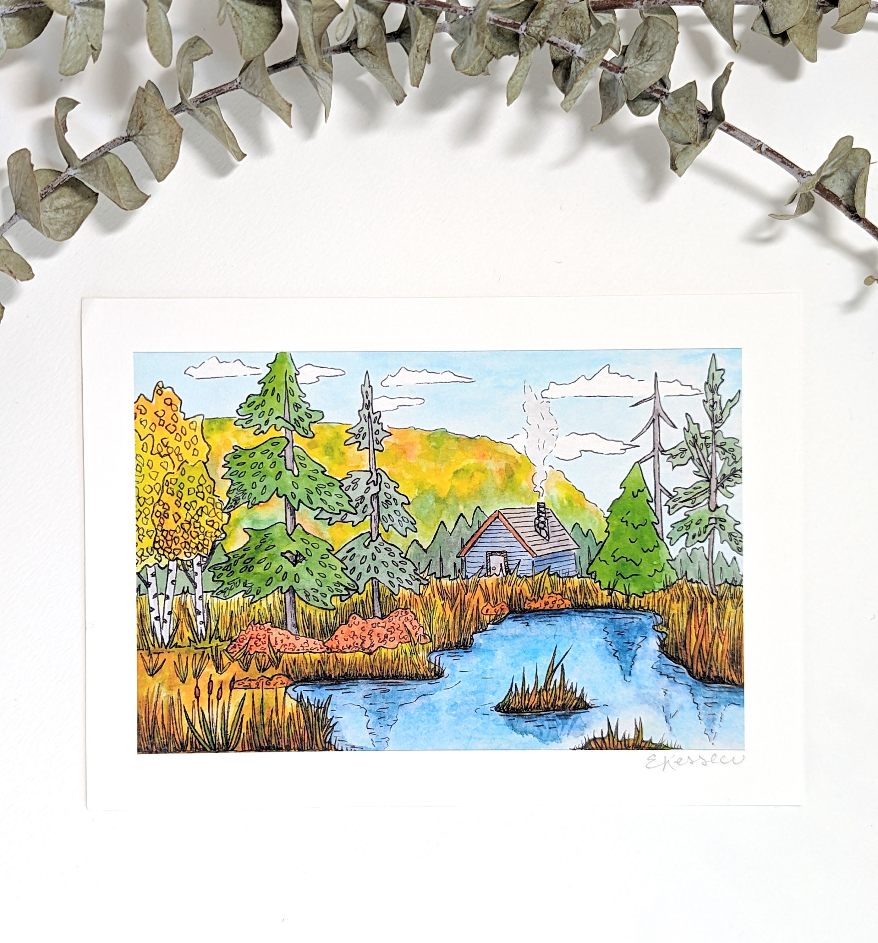 Up North Cabin Landscape Watercolor Illustration Art Print - Etsy