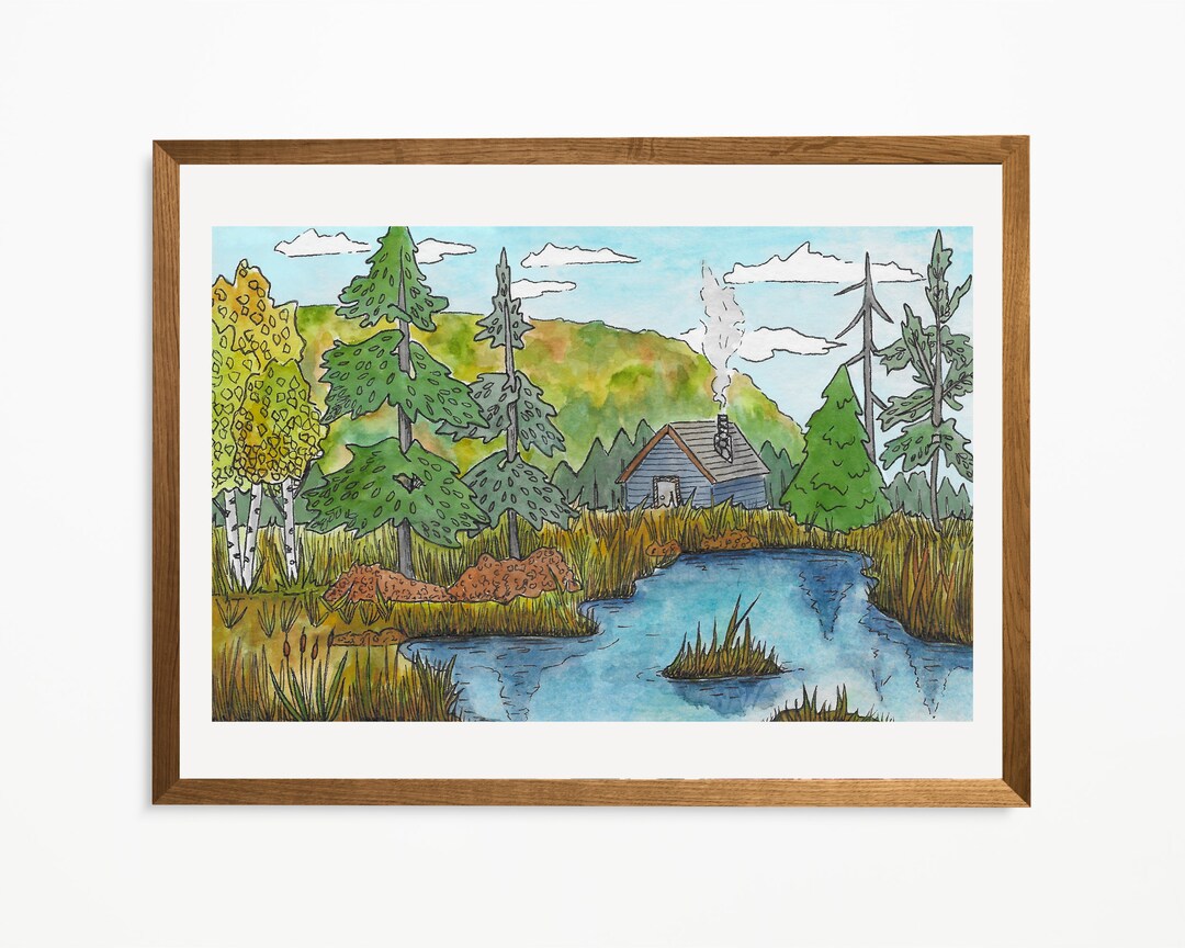 Up North Cabin Landscape Watercolor Illustration Art Print - Etsy