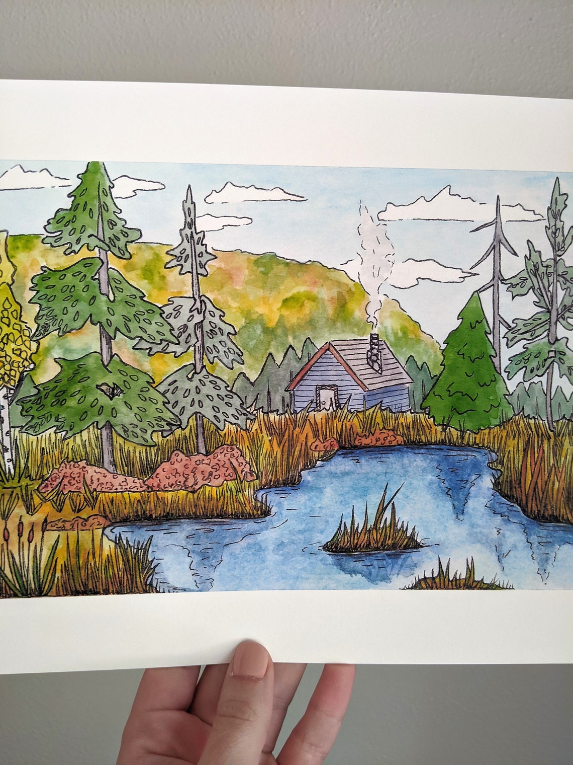 Up North Cabin Landscape Watercolor Illustration Art Print - Etsy