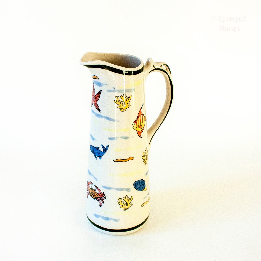 Vintage Tall Jug Pitcher Decorated in Fish Shells Crabs and Crayfish - Etsy
