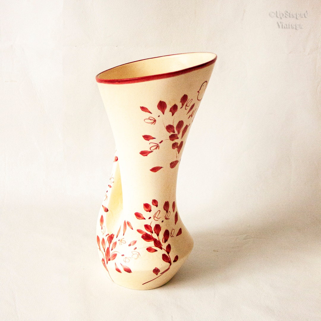 Ceramic Vase With Red Floral Design Hand Decorated FRENCH Vintage Art ...