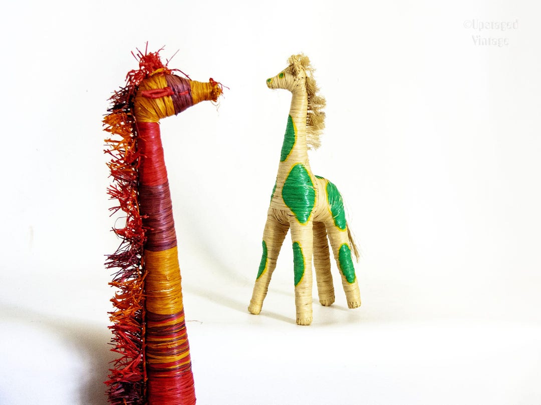 Two Raffia Giraffes Mother & Baby in Orange Red Yellow and Green - Etsy