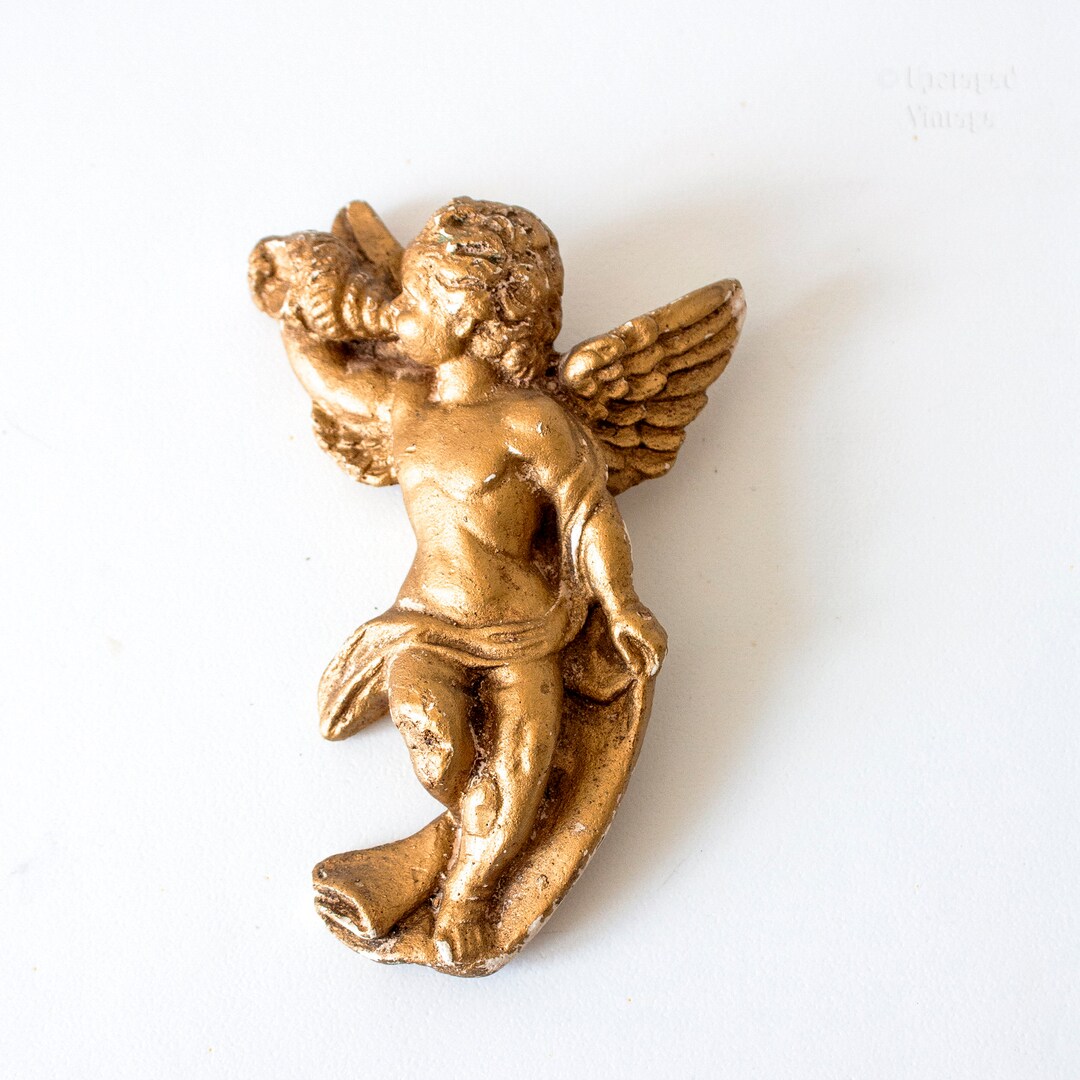 Gold Cherub Angel With Conch Shell French Vintage Chalkware Wall ...