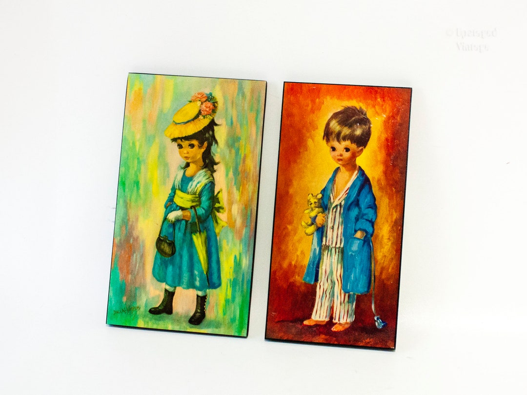 Two Dallas Simpson BIG EYE Wide Eyed Kid Prints Kitsch Vintage 1960s ...