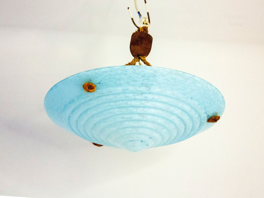 Blue Art Deco Saucer Light Ceiling Uplighter FRENCH 1920s Vintage Glass ...