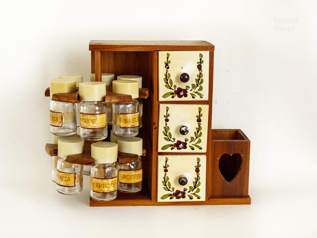 Wooden Rotating Spice Rack With Drawers & 12 Jars FRENCH Vintage ...