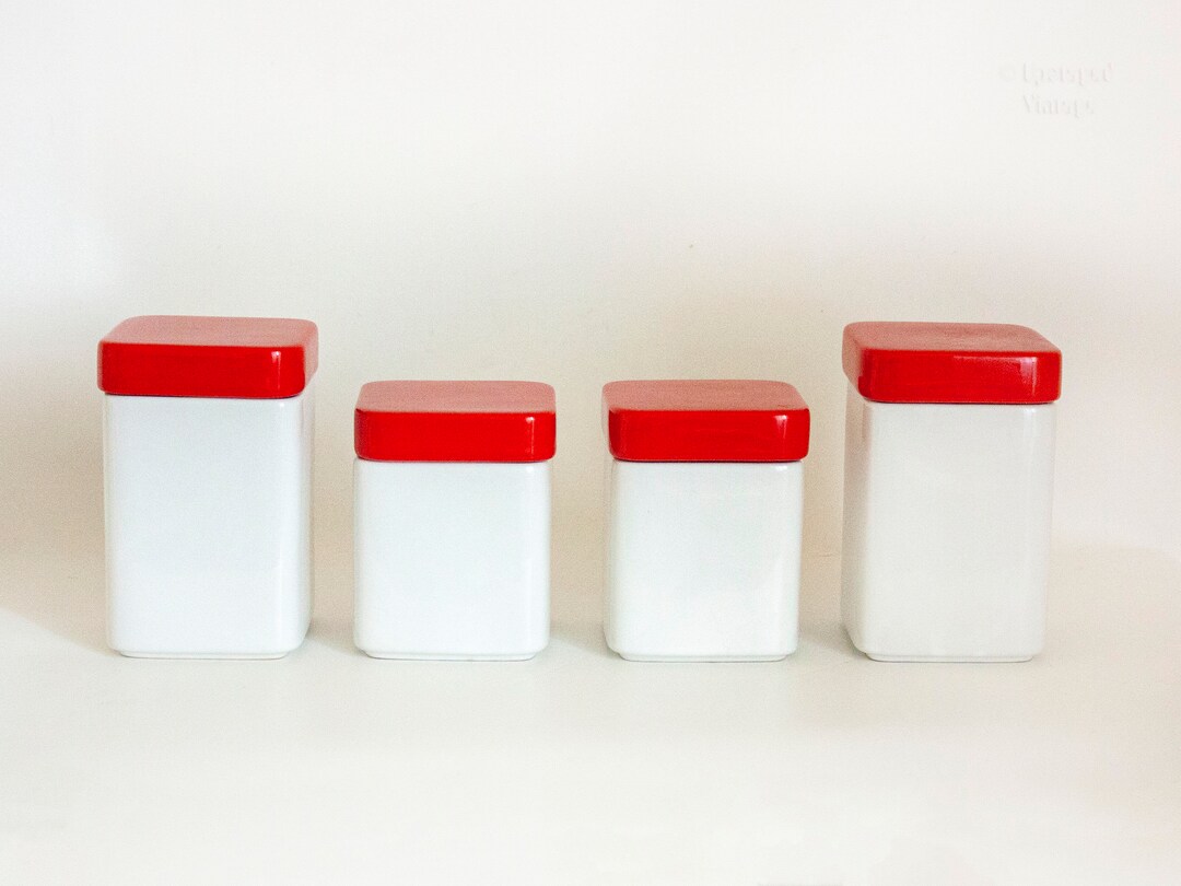 Red & White Square Ceramic Canisters Vintage Kitchen Storage Jars Made ...