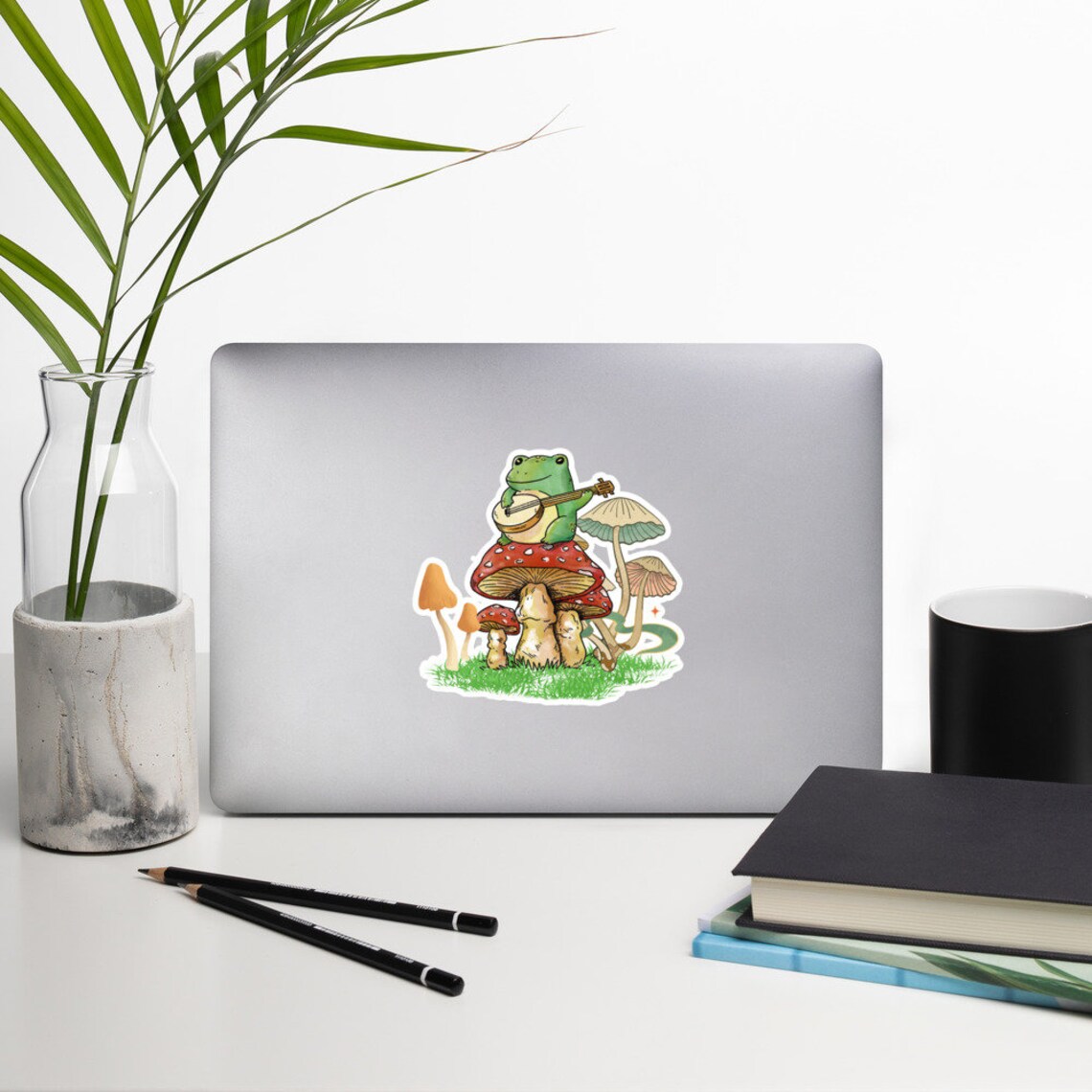 Frog Playing Instrument on Mushroom Sticker, Cottagecore Aesthetic ...