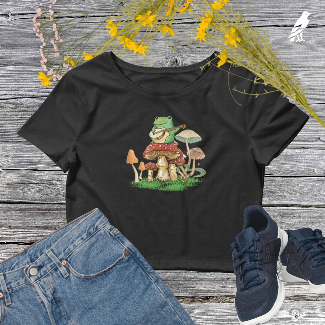 Frog Playing Instrument on Mushroom Crop Top, Cottagecore Aesthetic ...