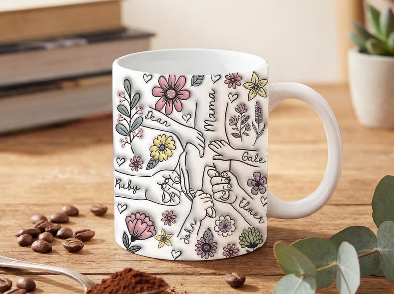 Personalized Mom Mug With Kids Names, Custom Floral Coffee Mug for Mom ...
