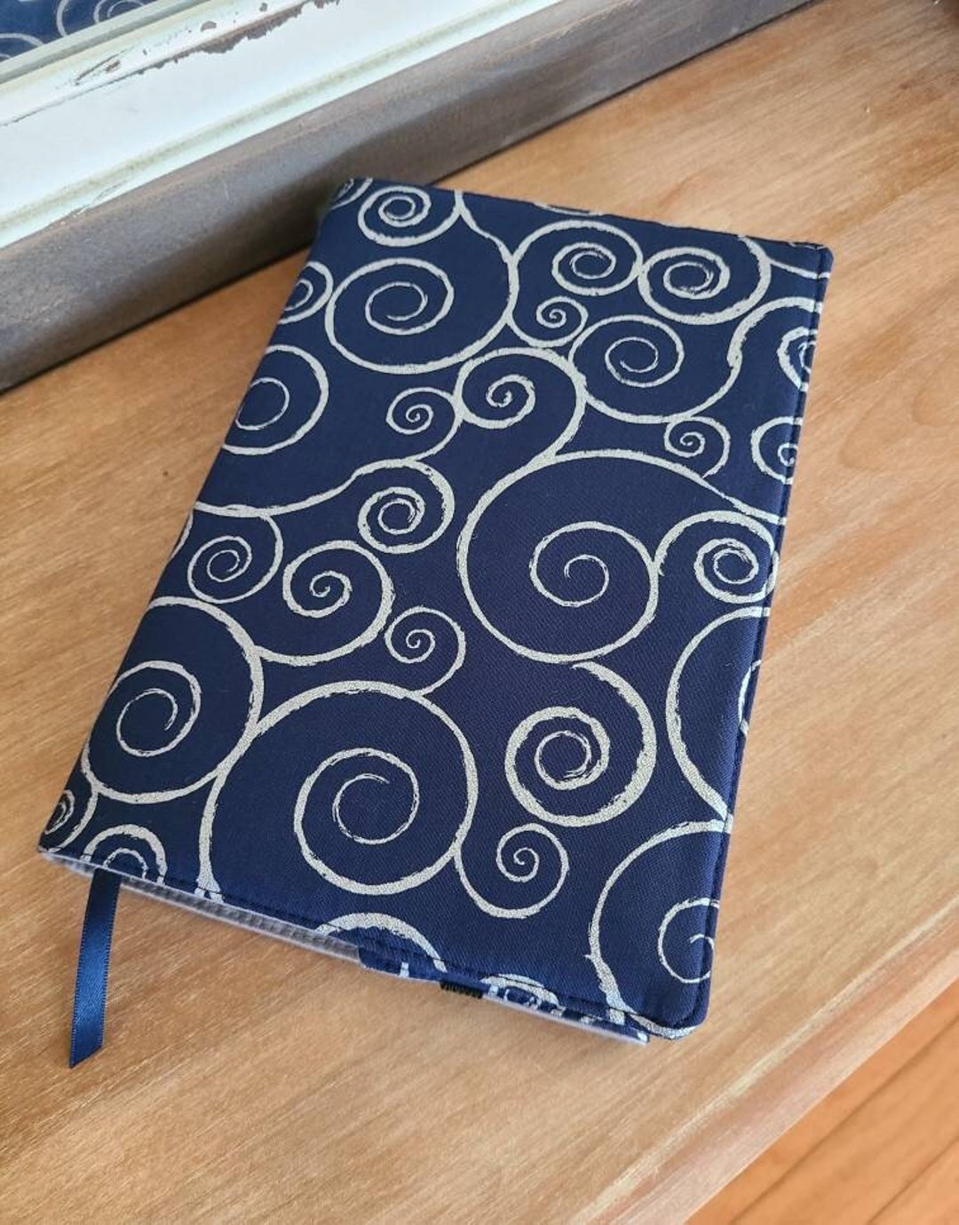 Adjustable Book Cover - Silver/gray Swirls on Navy Blue Book Cover ...