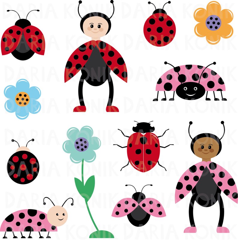 Ladybugs Clip Art Set-cute Ladybugs Flowers Insect Clip Art | Etsy
