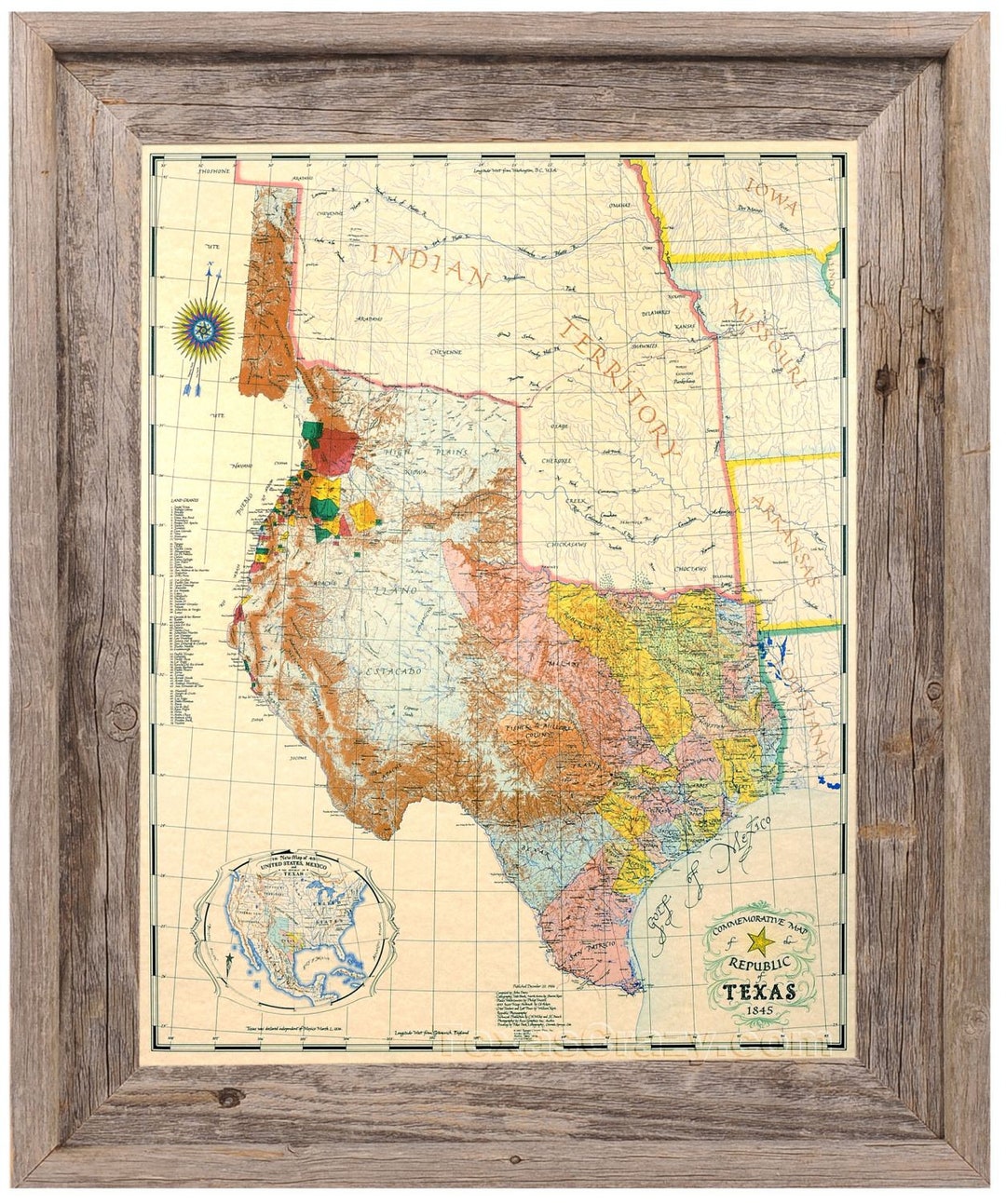 1845 Map of Texas Republic Custom Framed in Natural Reclaimed Wood ...