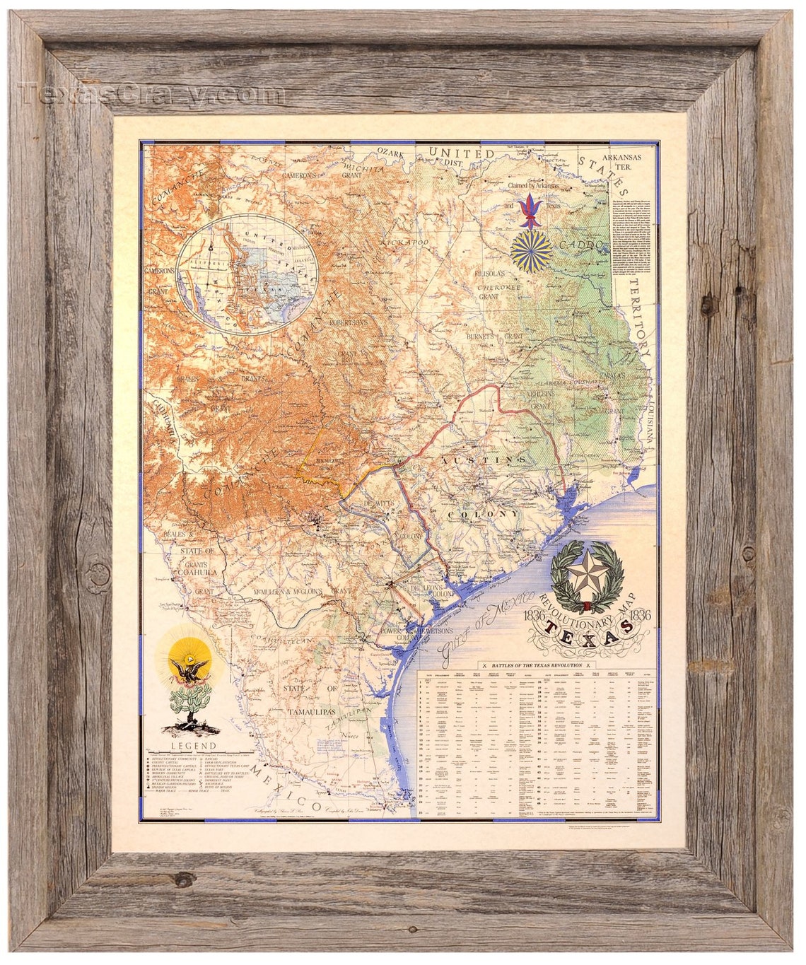 1836 Map of Texas Revolution Large Framed in Natural Reclaimed - Etsy