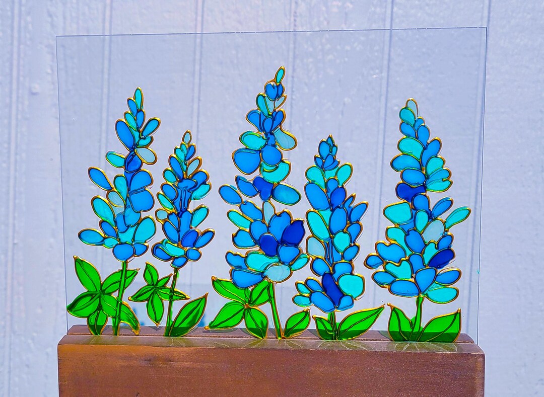 Bluebonnet Suncatcher Window, Wild Flowers Glass Painting, Window Stand ...
