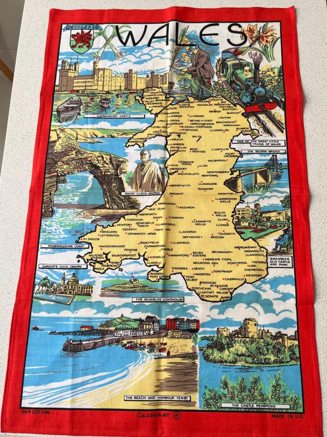 Vintage Tea Towel, Causeway, Wales, Trains, Caernarvon Castle, Made in ...
