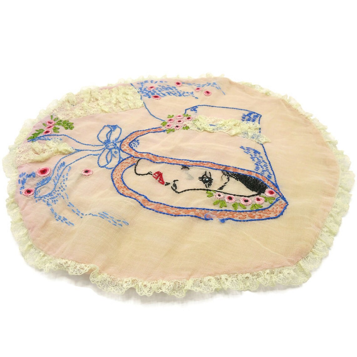 Silk Embroidered Doily Victorian Lady Early 1900's Antique | Etsy