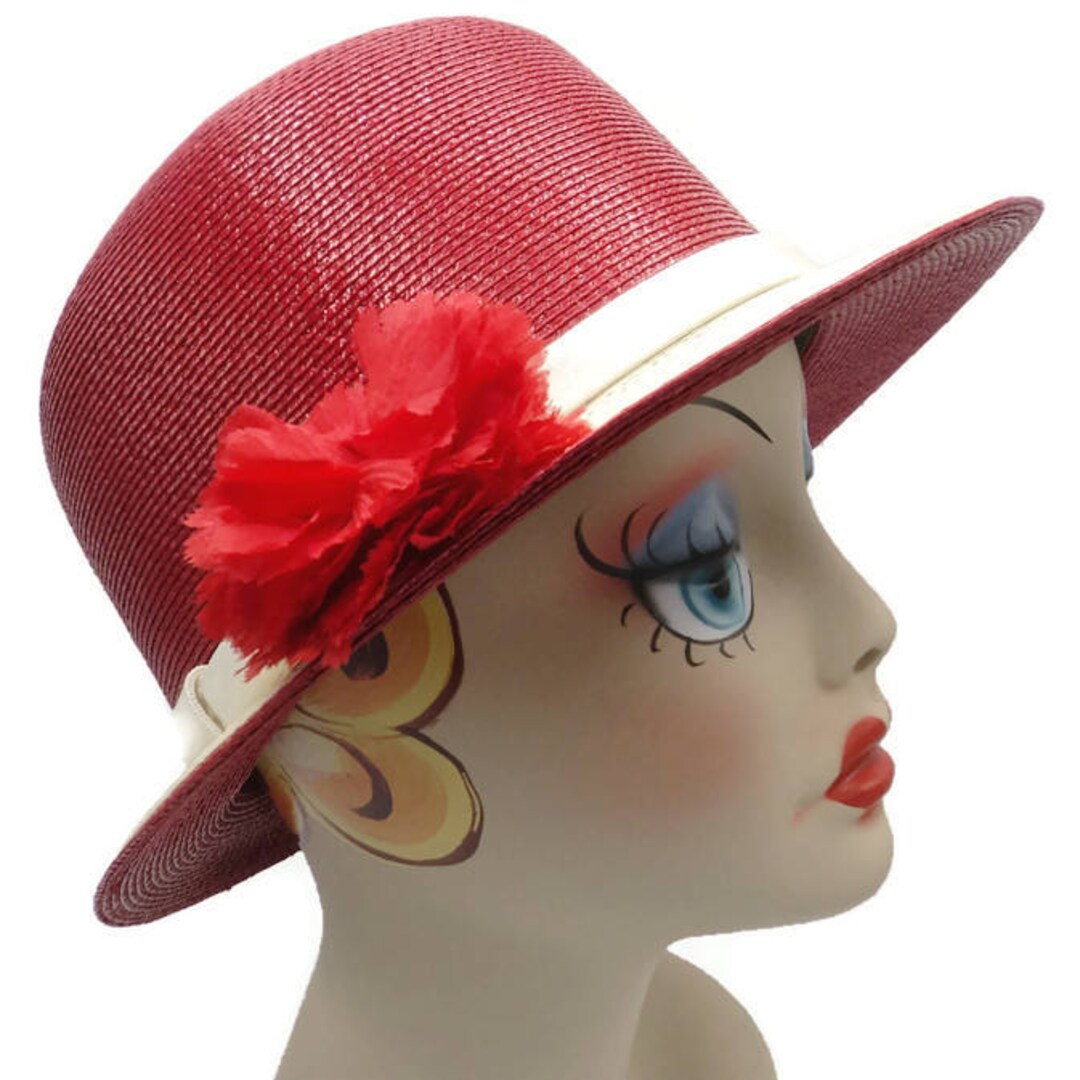 1940's Frank Olive Red and White Straw Brimmed Hat - Etsy