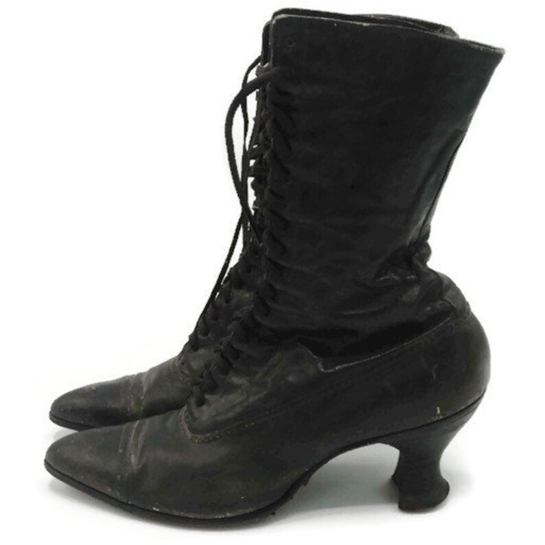 Antique Victorian Black Leather Lace Up French Heel Boots Etsy