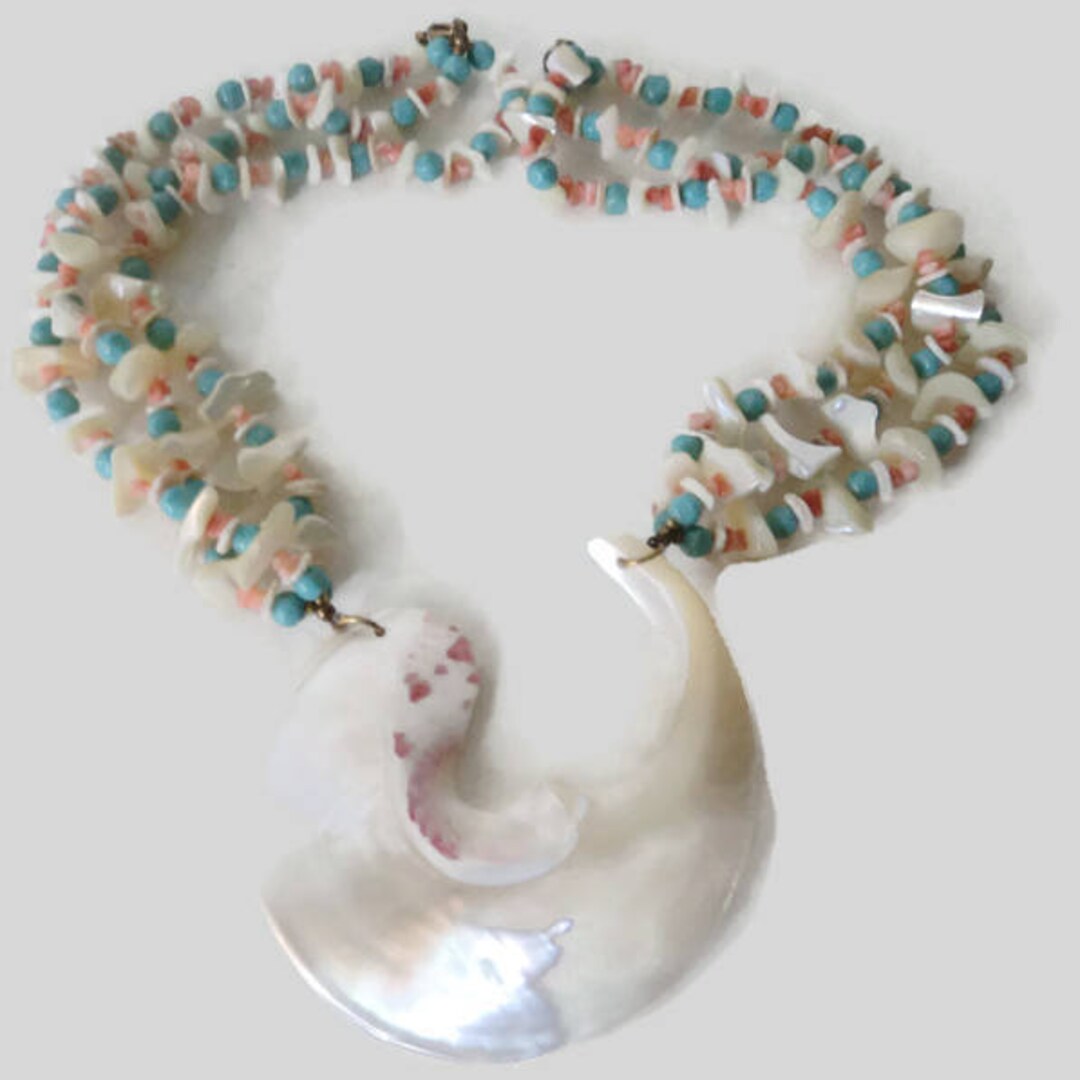 Miriam Haskell Necklace Signed Troca Shell Coral and Turquoise Bead ...