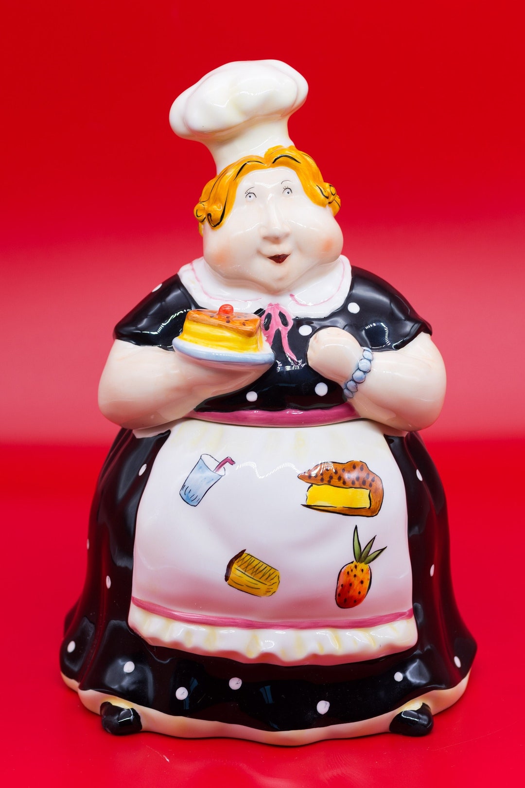 COOKIE JAR * Chef Lady With Desserts, Blond Hair, Black and White Dress ...