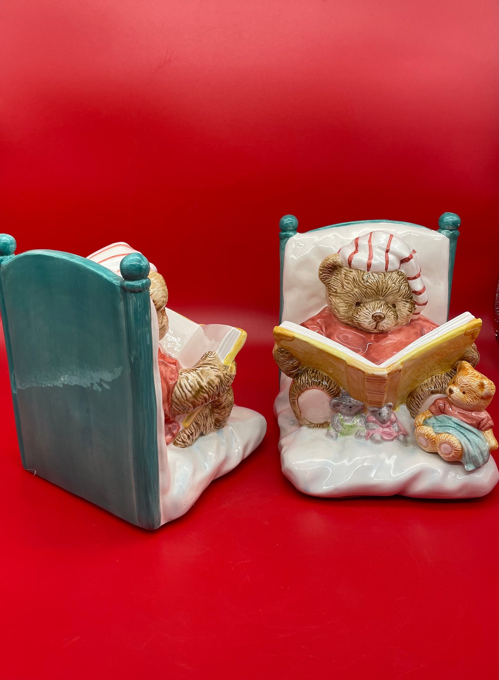 BOOKENDS ~~ Teddy Bear Storytime, Bedtime, Large Ceramic - Etsy