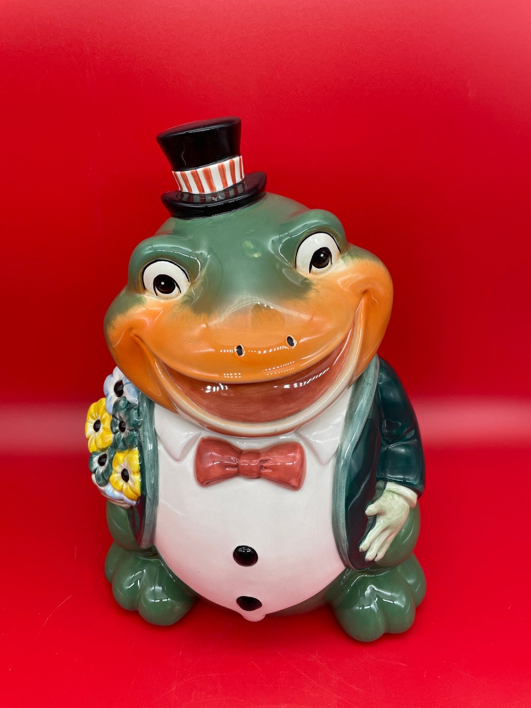 COOKIE JAR * Dapper Frog With Flowers, Dept 56 - Etsy