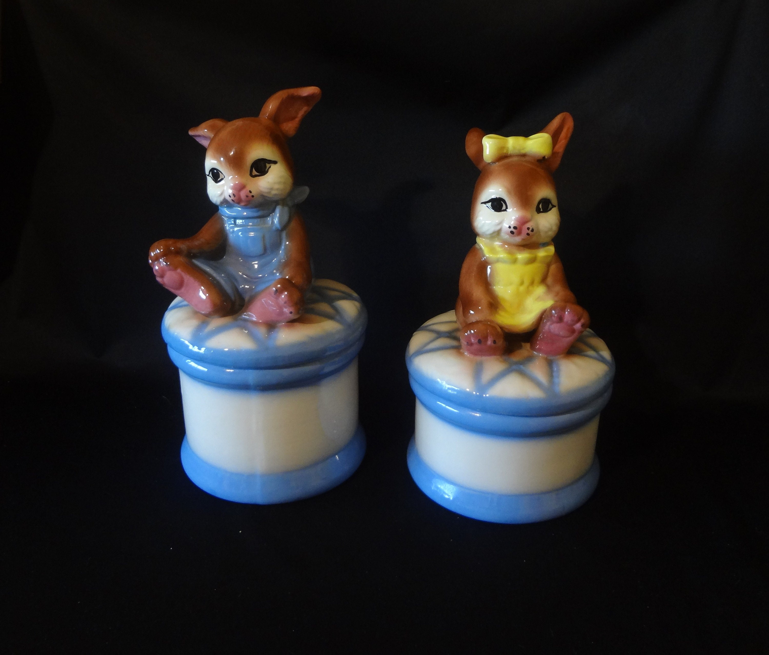 CANISTER SET Rabbit Boy and Rabbit Girl in a blue drum | Etsy