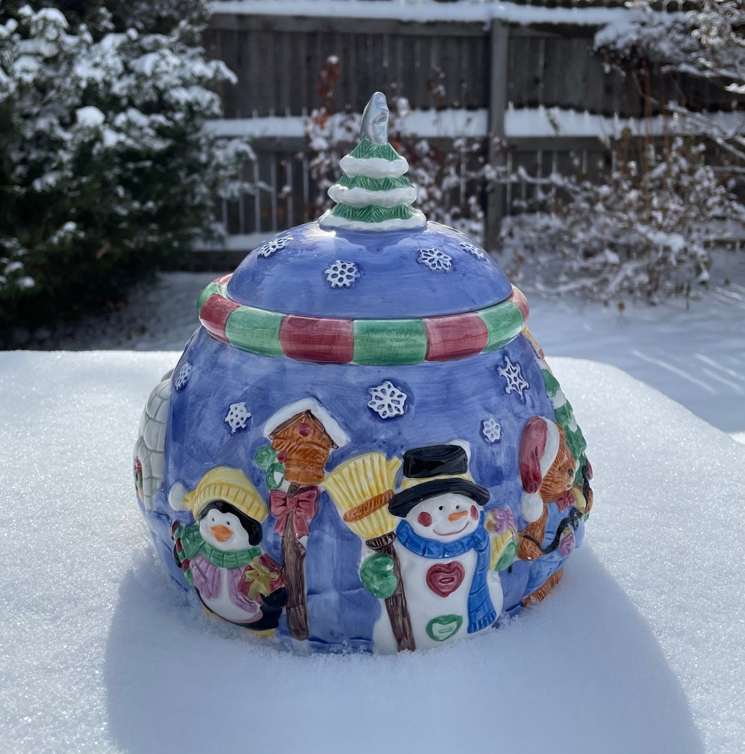 COOKIE JAR ~~ Winter Scene on Blue, Footed Bottom, Jay Import - Etsy