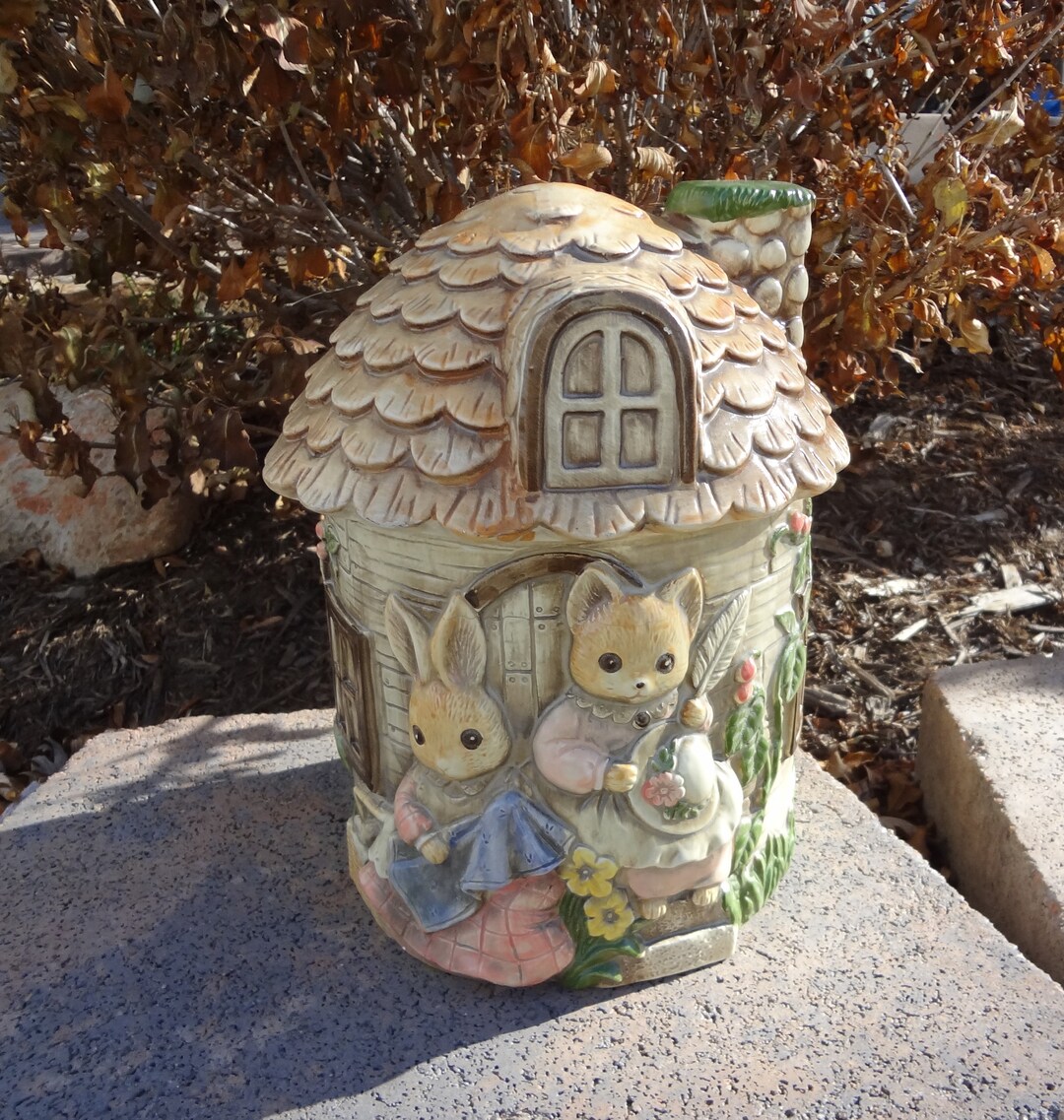 COOKIE JAR * Rabbit Cottage, Takahashi Japan, Embossed Rabbits, - Etsy