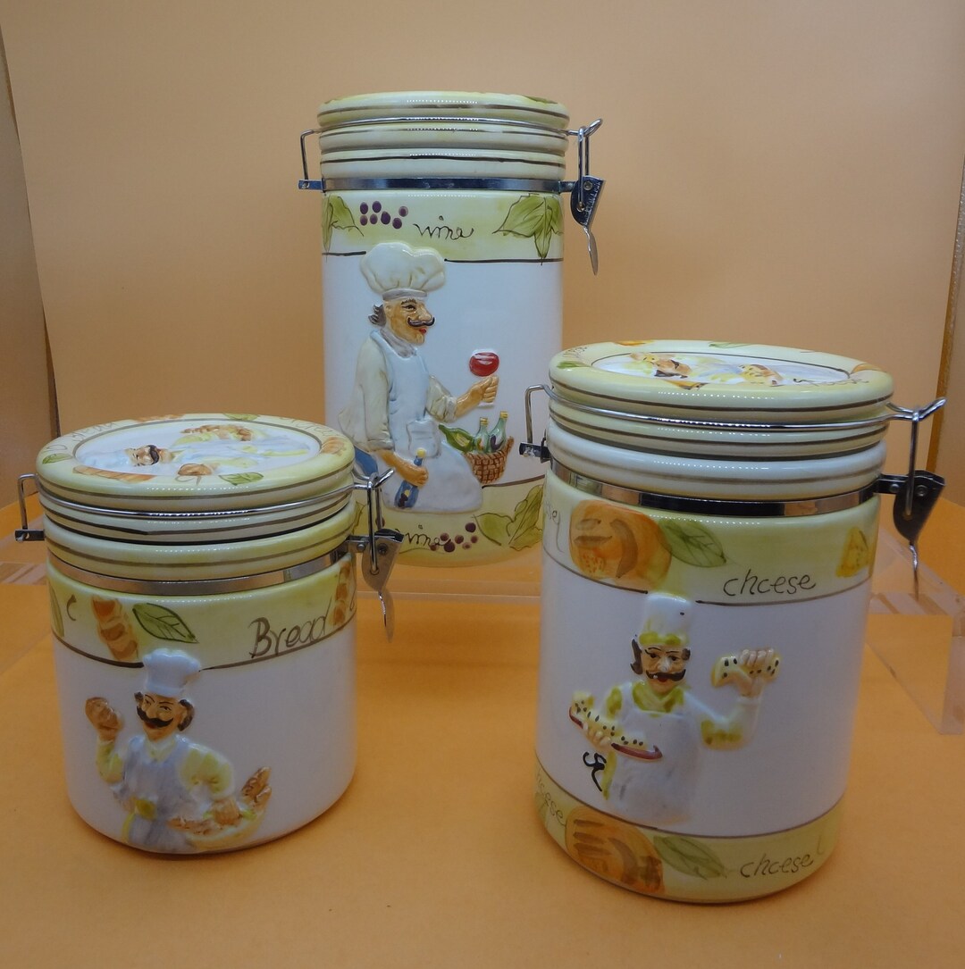 CANISTER SET * Chefs Wine, Bread and Cheese, Clamped Lids, Home ...
