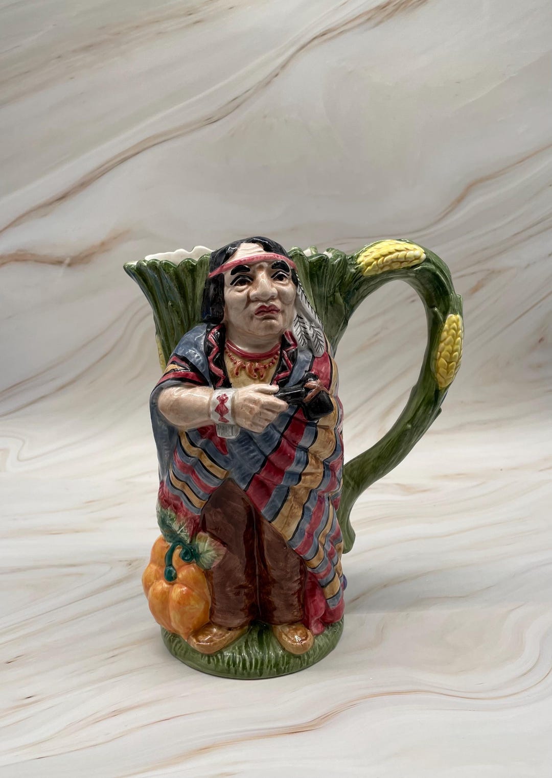 PITCHER * American Indian Lady, Corn Field, One Quart, Fitz and Floyd ...
