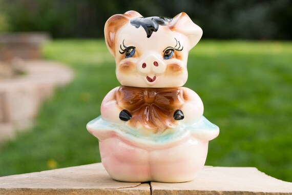 COOKIE JAR PIG With Long Lashes Vintage Pig With Blue Dress - Etsy