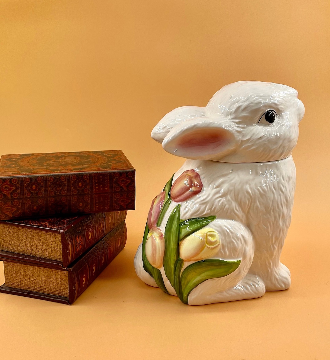 COOKIE JAR ~~ Rabbit With Tulips, Cracker Barrel, “bunny Party” Heavy ...