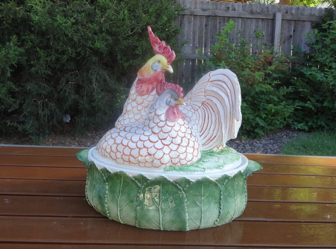 SERVING DISH ~~ Rooster and Hen, Large on Bed of Lettuce - Etsy