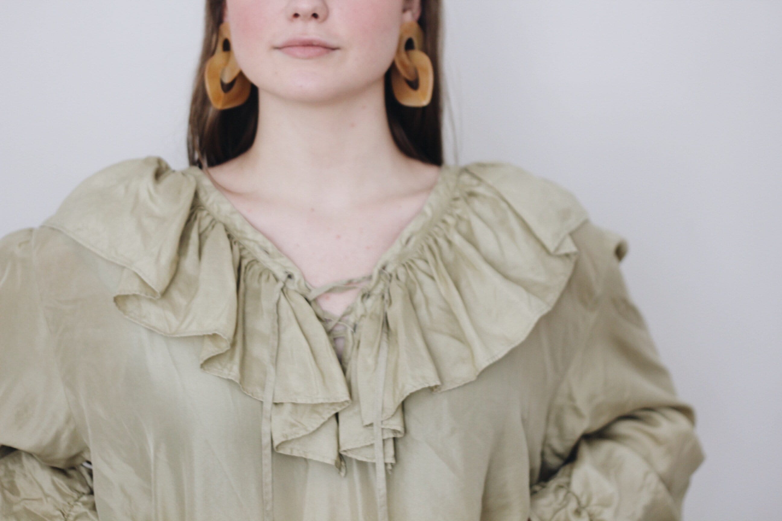 silk puffed sleeve ruffle blouse